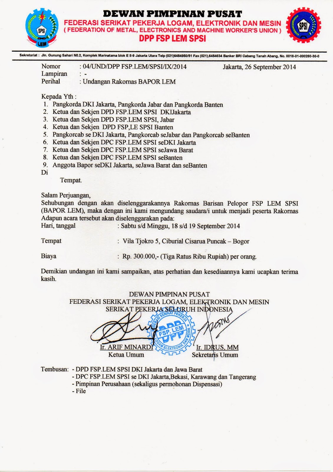 Undangan Rakornas Bapor Lem ~ MEDIA FSP LEM SPSI